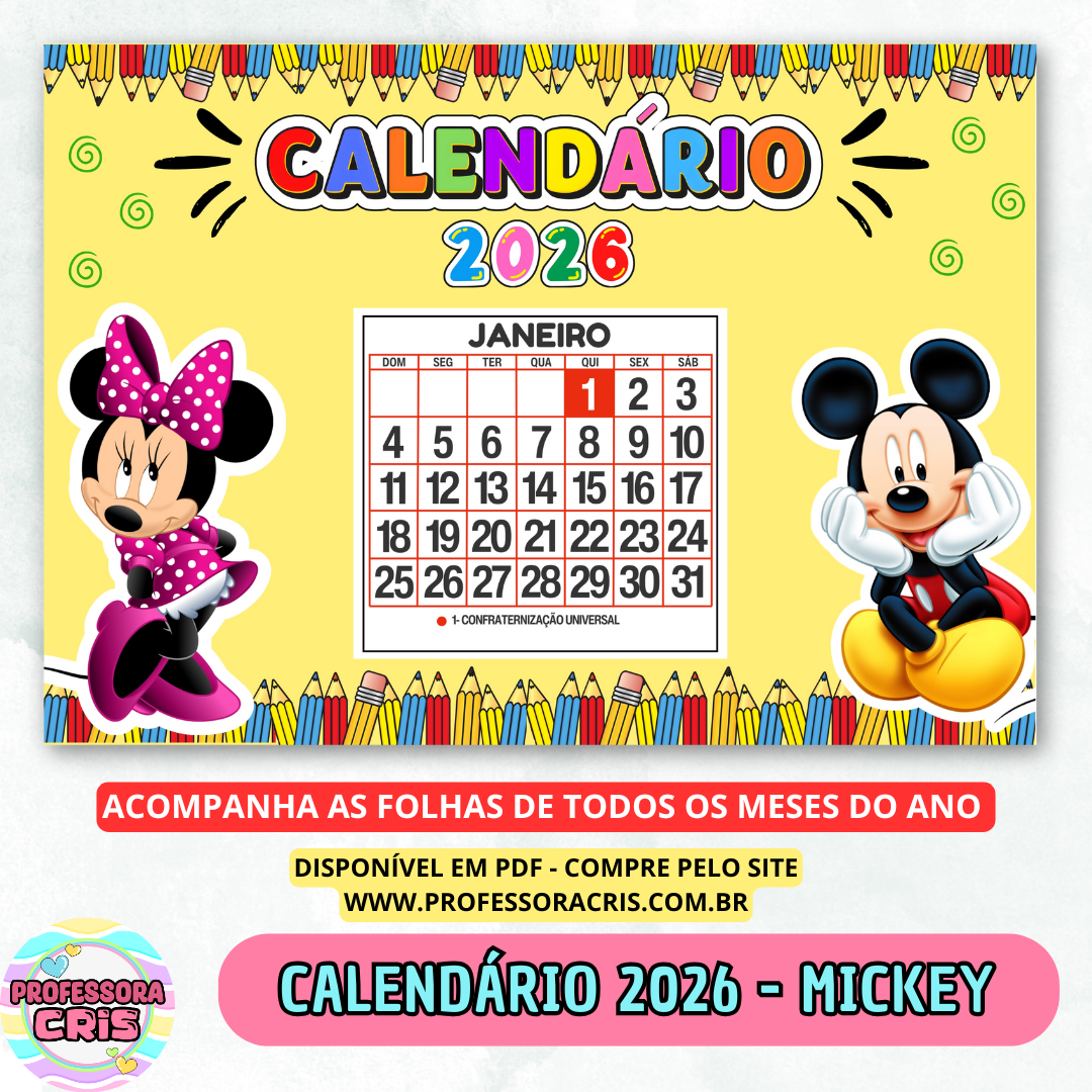 Calendário 2026 – Mickey – Professora Cris – Ensinando com carinho