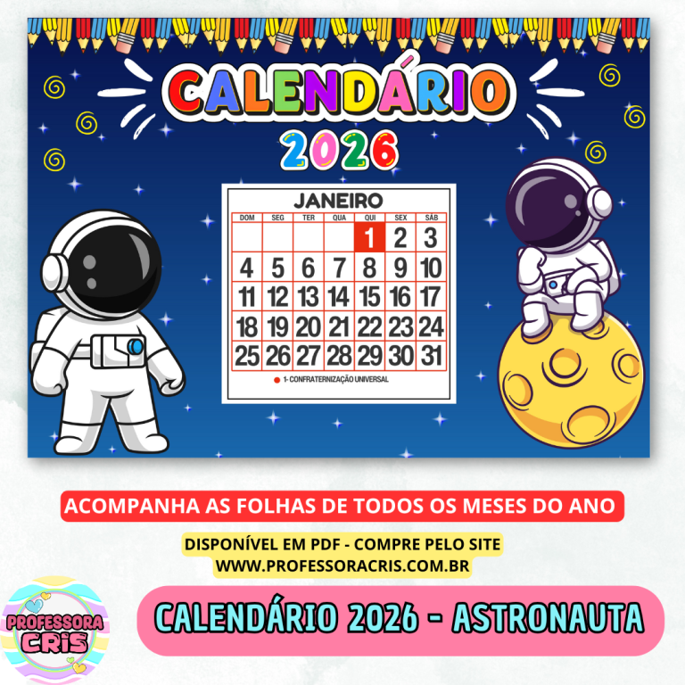 Calendário 2026 – Astronauta – Professora Cris – Ensinando com carinho