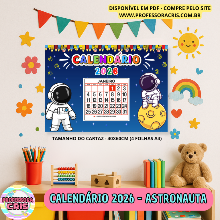 Calendário 2026 – Astronauta – Professora Cris – Ensinando com carinho