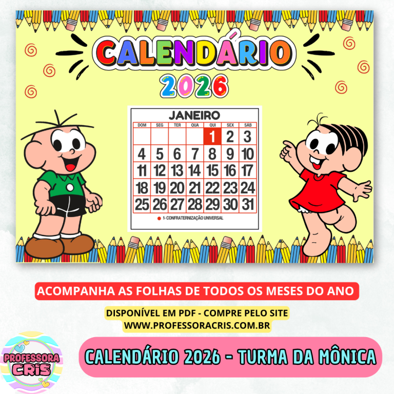 Calendário 2026 – Turma da Mônica – Professora Cris – Ensinando com carinho