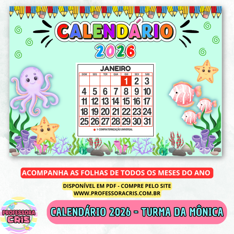 Calendário 2026 – Fundo do Mar – Professora Cris – Ensinando com carinho