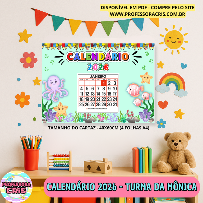 Calendário 2026 – Fundo do Mar – Professora Cris – Ensinando com carinho