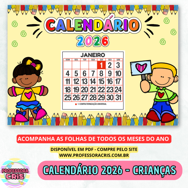 Calendário 2026 – Crianças – Professora Cris – Ensinando com carinho