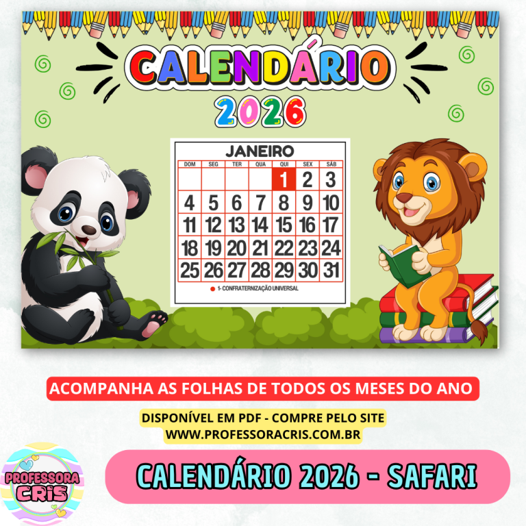 Calendário 2026 – Safari – Professora Cris – Ensinando com carinho